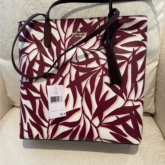 kate spade | Bags | Kate Spade Maroon And White Leaf Pattern Tote ...
